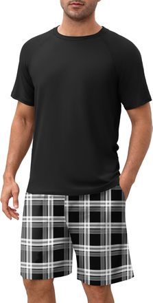 Ekouaer Schlafanzug Herren Kurz Pyjama Zweiteiliges Set Kurzarm Shirt Kariert Pyjamahose mit Tasche und Kordelzug, Schwarzkariert, L