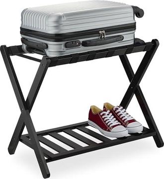 Relaxdays Kofferständer, klappbar, Bambus, HBT: 56x68,5x41,5 cm, Gepäckständer mit Ablage, Kofferablage Hotel, schwarz