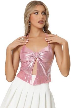 Allegra K Débardeur Métallique Femme Haut sans Manches Brillant à Bretelles Spaghetti Caraco Col Licou Clubwear Haut de Soirée Costume dhalloween Rose XS