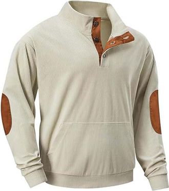 Generic Sweat-shirt d&eacute;contract&eacute; en velours c&ocirc;tel&eacute; &agrave; manches longues pour homme - Col montant - Avec poches - V&ecirc;tement de travail doux avec coude - Confortable