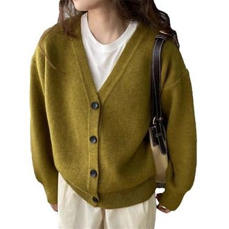 Generic Cardigan dhiver &eacute;pais d&eacute;contract&eacute; &agrave; col en V de couleur unie &agrave; manches longues pour femme, Vert kaki, taille unique