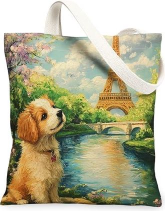 Generic Sac fourre-tout en toile motif chien de printemps Bretagne pour faire du shopping 33 x 38,1 cm, sac d&eacute;picerie r&eacute;utilisable en tissu &agrave; bandouli&egrave;re pour