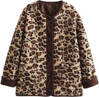 Minetom Veste Courte Chaude Pour Femme L&eacute;opard D&eacute;contract&eacute;e &Agrave; Manches Longues En Polaire Sherpa Boutonn&eacute;e Manteau En Peluche C L&eacute;opard 01 L