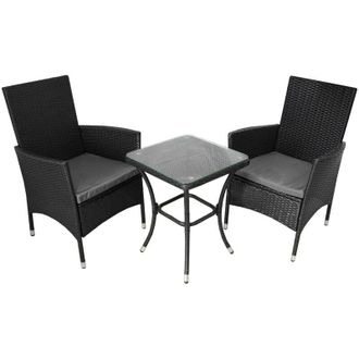 Jardi Set Mobilier Bistro Luxe 3 Pi&egrave;ces Rotin Table Verre Tremp&eacute; 2 Chaises Confortable Terrasse Jardin Salon de Jardin Noir Bistrot Set Parisien - Terrasse