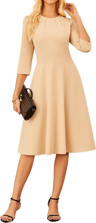 Grace Karin Damen Business Kleid Sommer Elegant Einfarbiges Mit Tasche A-Linie Lang Kleid XL Aprikose