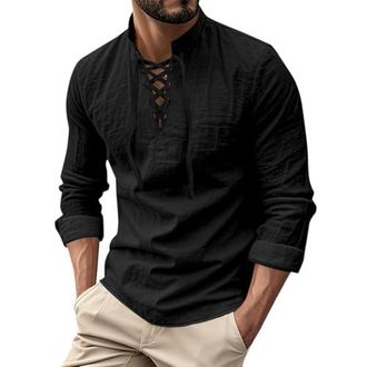 Generic Chemises en coton pour homme en lin pour homme - Chemise en lin &agrave; manches longues - Chemise en coton &agrave; manches longues - Coupe ajust&eacute;e - T-shirts d&eacute;co