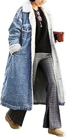 ORANDESIGNE Veste en Jean Femme Longue Hiver à Manches Longues pour Cowboy Blousons Grande Taille Revers Agneau Longue Section Plus Manteau Rembourré de Velours B