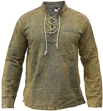 Gheri Chemise à lacets col V en coton et chanvre pour homme - Vert - XX-Large