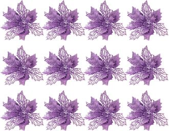 Garneck 12 St&uuml;ck Weihnachtsbl&uuml;ten Glitzernde Christbaumkugeln Hohle K&uuml;nstliche Weihnachtsblumen F&uuml;r Festliche Dekorationen Und Weihnachtsbaum Schmuck in Viole