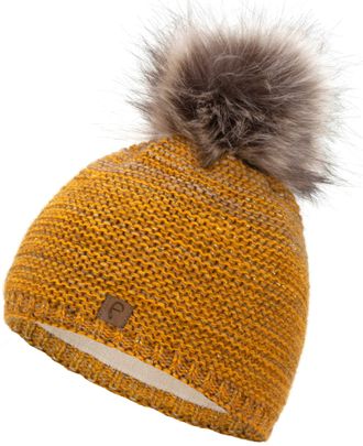 Faera Winterm&uuml;tze M&uuml;tze Damen warm gef&uuml;ttert Kunstfell Bommel Bommelm&uuml;tze Fleecefutter Winter Strickm&uuml;tze Beanie M&uuml;tze 31, Farbe:Senf