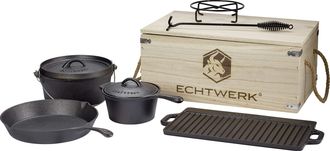 Echtwerk 7-teiliges Dutch Oven Set aus Gusseisen in Holzkiste, Kochtopf-Set mit Kochtopf, Stieltopf, Grillplatte, Pfanne, Deckelheber und Untersetzer zum Koche