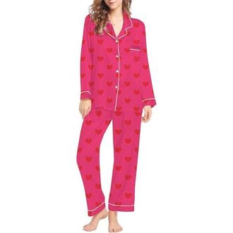 Generic Ensemble de pyjama 2 pi&egrave;ces pour femme en satin de soie imprim&eacute; coeur, v&ecirc;tements de nuit &agrave; revers et pantalons pour femmes, v&ecirc;tements de d&eacute;tente ample