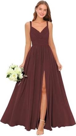 Generic Robe de demoiselle dhonneur en mousseline de soie avec col en V et bretelles spaghetti, longue robe de soirée froncée avec fente, bordeaux, 56 Grande 