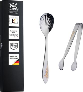 Gehring Gehring Solingen Flower Zuckerzange und Zuckerl&ouml;ffel dekorvergoldet 2er Set I Servierzange f&uuml;r Candybar I Edelstahl Besteck f&uuml;r Kaffeetafeln I Eisw&uuml;rf