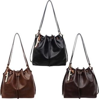 Generic Sac seau &agrave; cordon en PU pour femmes avec sac &agrave; main pendentif pour le travail de quotidien (noir)