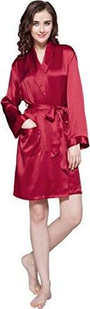LilySilk Robe de Chambre en Soie Femme Peignoir &agrave; Manches Longues Kimono Court &agrave; Ceinture Uni Poches Pratiques 22 Momme S Rouge Vineux