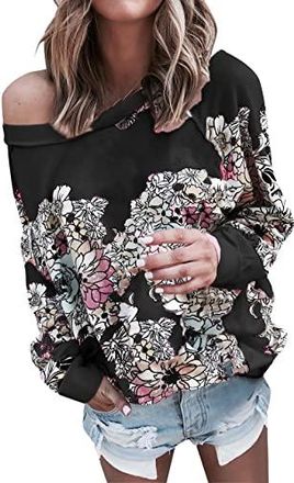 Generic Robes boh&egrave;me 2026 pour femmes, imprim&eacute; floral, chemise &agrave; manches longues, &eacute;paules d&eacute;nud&eacute;es, hauts amples, Noir, L