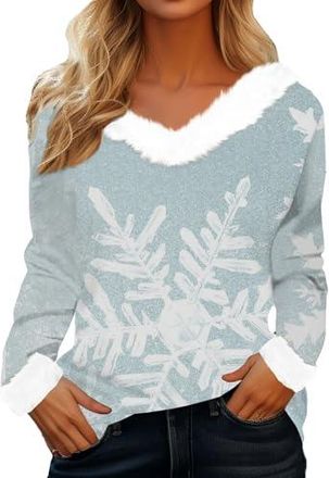 Generic Pull de Noël avec bordure en fausse fourrure pour femme, imprimé lumière étoilée, col en V, manches longues, streetwear confortable, pull chaud pour l