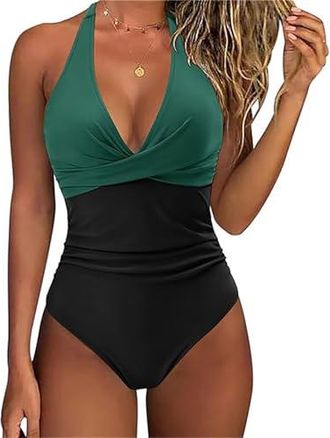 Generic Maillot de Bain Amaincissant Femme Sexy Col V Ventre Plat Maillot de Bain 1 Pieces R&eacute;glables Fronc&eacute; Devant Vetement de Plage Contr&ocirc;le du Ventre Rembou