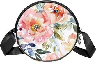 Generic Petit sac &agrave; bandouli&egrave;re rond pour femme, motif floral aquarelle avec fermeture &eacute;clair, bretelles r&eacute;glables, sac &agrave; main rond d&eacute;contract&eacute; pour femmes et