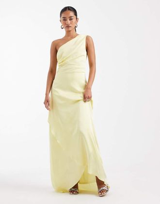 Tfnc Robe longue et asym&eacute;trique de demoiselle dhonneur en satin &agrave; jupe portefeuille - Rose-Jaune