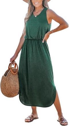 Cupshe Robe dété en tricot pour femme - Col rond - Taille élastique - Fente sur le côté - Robe dété décontractée - Robe de plage, vert, Taille L