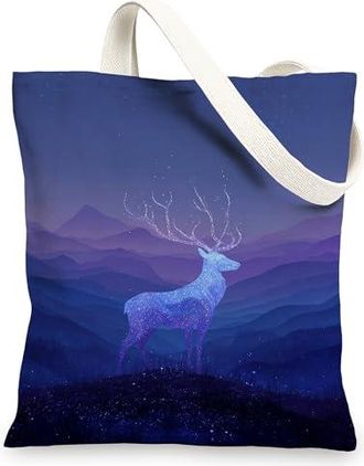 Generic Sacs fourre-tout en toile motif cerf étoilé, sacs dépicerie réutilisables, légers et lavables avec bandoulière, Bleu, 13x15 Inch