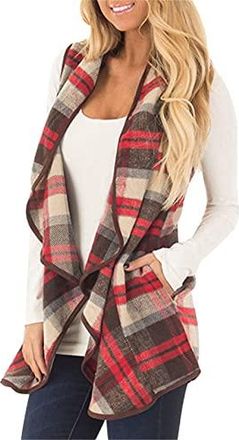 Generic Vestes pour femmes 2026 Gilet &agrave; carreaux sans manches &agrave; revers ouvert sur le devant avec poches, Rouge, XL