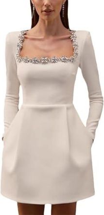 Generic Robe de mari&eacute;e courte en velours et cristal &agrave; col carr&eacute; pour mari&eacute;e, robe de mari&eacute;e courte en velours &agrave; manches longues avec poches, robe en cristal, 