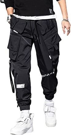 ORANDESIGNE Pantalon de Jogging pour Homme Pantalon Cargo Hip Hop Noir Multi-Poches Streetwear Teachwear M Noir S