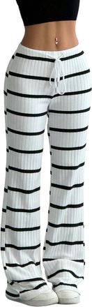 SOLY HUX Damen Hose Gestreifte Sommerhose Lange Schlaghose Leggings mit Tunnelzug Freizeithose Drop Waist Jogging Casualshort Sommer Outfits Schwarz S