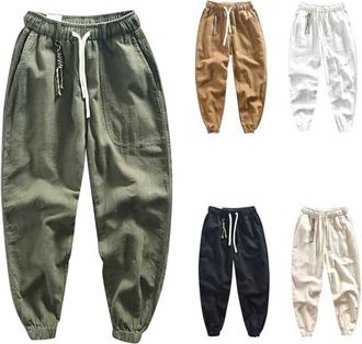 Generic Pantalon décontracté en lin avec taille élastique et cordon de serrage pour homme - Pantalon dété confortable léger et respirant - Jambes larges - Pan