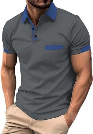 Generic Polo en coton pour homme avec col basculant - Manches courtes - Coupe confortable - Couleur unie - Avec poche poitrine - Pour un usage quotidien, gris
