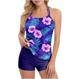 Generic Tankini 2 pi&egrave;ces pour femme - Imprim&eacute; floral - Maillot de bain pour femme - Bretelles r&eacute;glables - Haut dos nu sans manches avec short taille haute - M