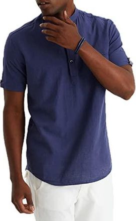 LEIF NELSON Chemise dété en lin pour homme - Manches courtes - Henley pour les loisirs et le travail - Mélange de lin et de coton - Coupe droite, bleu, XXL