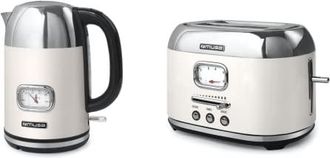 Muse Muse Wasserkocher und Toaster Set, 2er Frühstücks-Set mit Retro Wasserkocher und 2 Scheiben Toaster mit analoger Anzeige, beige und Edelstahl
