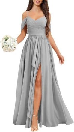 Generic Robe de demoiselle dhonneur à épaules dénudées avec fente plissée en mousseline de soie - Robe formelle pour invitée de mariage, Argenté., 48 Grande t