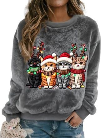 Generic Sweat-Shirt de No&euml;l en Flanelle avec imprim&eacute; Chat pour Femme, Style d&eacute;contract&eacute;, &eacute;l&eacute;gant, Doux et Chaud, Pull de No&euml;l Fantaisie &agrave; col Rond, Haut de Va