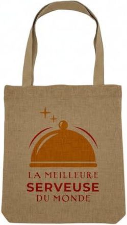 Fabulous Sac Shopping Tote Bag Aspect Lin - La Meilleure Serveuse du Monde Caf&eacute; Restaurant Bar - Sac de Courses Toile Epaisse 360g Beige Naturel Cabas Port&eacute; Ep