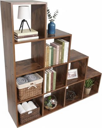 Relaxdays Stufenregal, 10 F&auml;cher, HBT: 129,5 x 129,5 x 29 cm, offenes W&uuml;rfelregal, B&uuml;cher & Deko, Wohnzimmerregal, braun