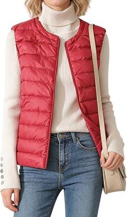 Generic Doudoune sans manches pour femme, l&eacute;g&egrave;re et sans col, fermeture &eacute;clair courte, pliable, rouge, taille 4XL