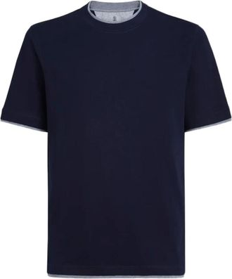 Brunello Cucinelli Homme, Tops, Bleu, Taille: L T-shirt en coton avec profils contrast&eacute;s