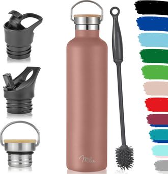 Milu Edelstahl Trinkflasche 350ml 500ml 750ml 1000ml (+3 Deckel) Thermosflasche mit Strohhalm, Isolierte Wasserflasche, Auslaufsichere Isolierflasche doppe