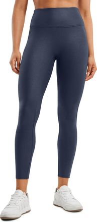 CRZ YOGA Damen Butterluxe Faux Leder Leggings Lederoptik High Waist Sporthose Kunstleder Stretch Workout Sportleggins - 64cm Echtes Navy-Folienmuster 42