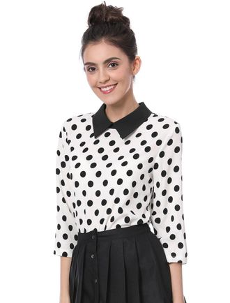 Allegra K Damen Halloween 3/4 &Auml;rmel Blusenkragen Oberteil Polka Dots Weihnachts Elegante Top Bluse Wei&szlig; XL