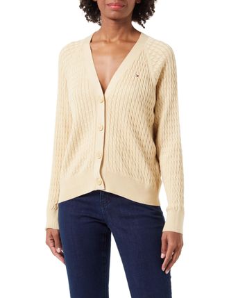 Tommy Hilfiger Damen Strickjacke Cardigan V-Neck mit Knopfleiste, Beige (Harvest Wheat), XXL