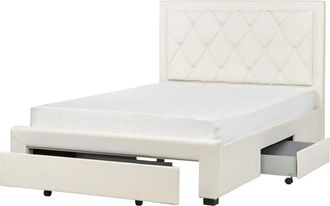 Beliani Polsterbett Hellbeige Samtstoff 3 Schubladen Lattenrost 140x200 cm mit Hohem Kopfteil im Chesterfield Stil Knopfheftung Glamour&ouml;s Schlafzimmer