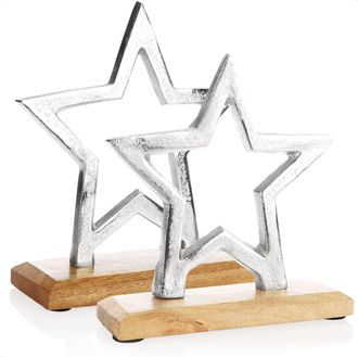 Com-Four 2X Premium Deko-Aufsteller Stern - Stern-Statue aus vernickeltem Aluminium auf Sockel aus Mangoholz - Deko-Stern zum Hinstellen - tolle Sterndeko (sil
