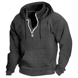 Generic Sweat &agrave; capuche pour homme avec cordon de serrage et fermeture &eacute;clair 1/4 - Pull &agrave; capuche gaufr&eacute; avec poche pour printemps et hiver, gris fonc&eacute;, 3XL