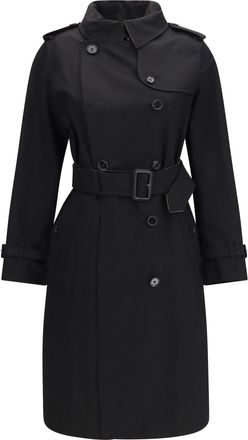 Burberry Womens Trench Coat With Check Collar Black Gabardine Cotton & Raincoats